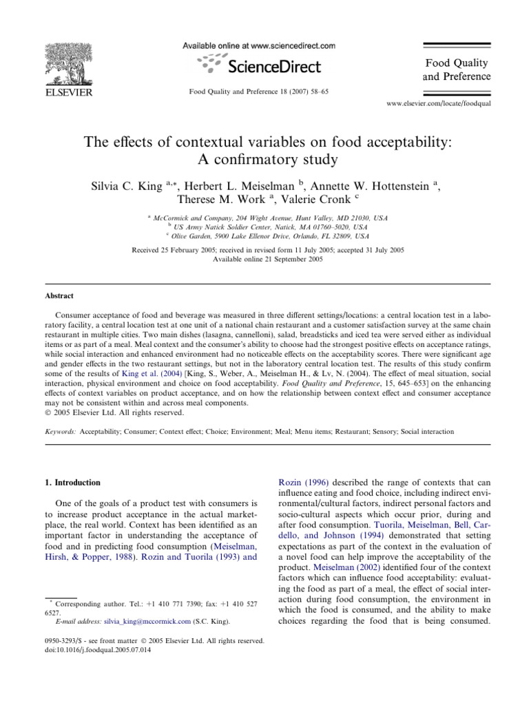 The Effects of Contextual Variables On Food Acceptability: A ... The Effects of Contextual Variables On Food Acceptability: A ...