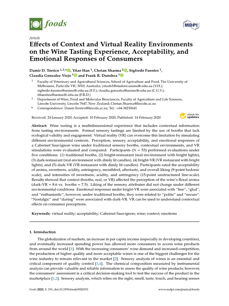 Effects of Context and Virtual Reality Environments On The Wine Tasting Experience ...