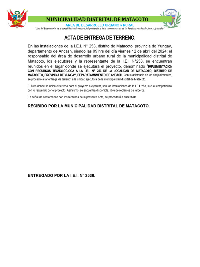 ACTA DE RECEP. y Transf. IEI. 253 | PDF