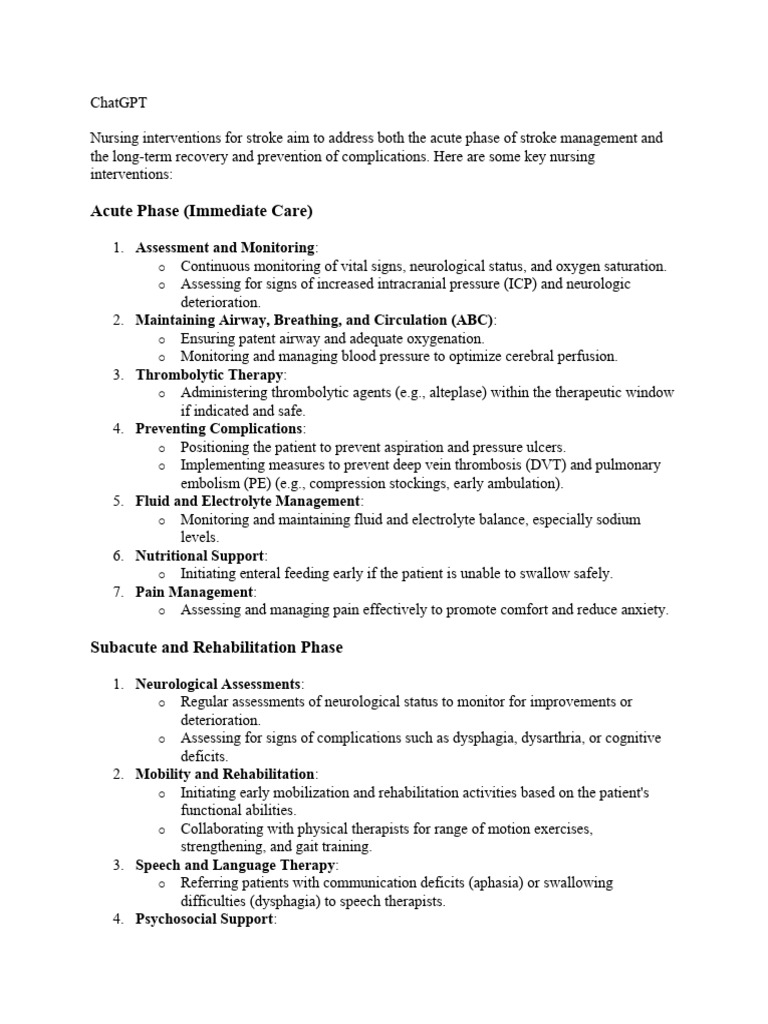 Nursing Intervention For Stroke | PDF | Stroke | Physical Therapy