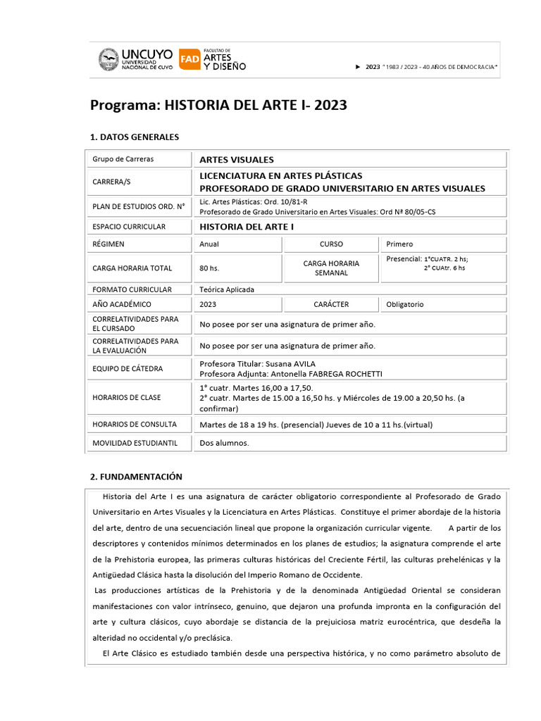 Programa HISTORIA DEL ARTE I 2023 | PDF | templo | Evaluación