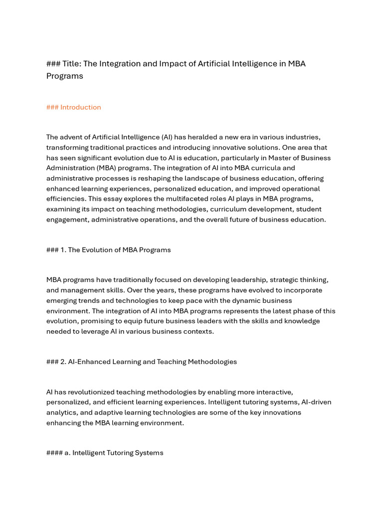 The Integration and Impact of Artificial Intelligence in MBA Programs | PDF | Artificial ...