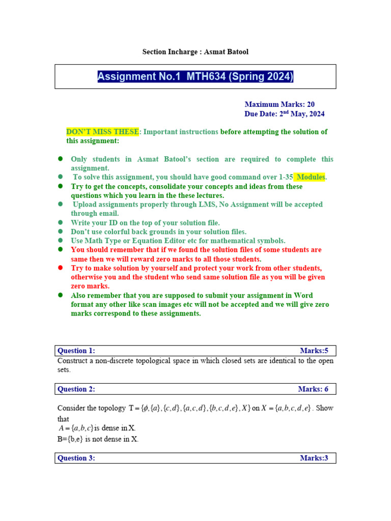 Assignment 1, mth634 - Section Incharge Asmat Batool | PDF