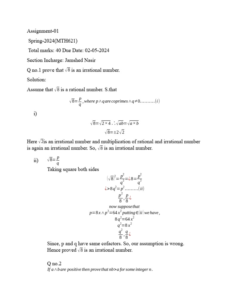 Assignment No.1 (mth621) (Jamshed Nasir) Solved by Mam Fatima Ali | PDF | Sequence ...