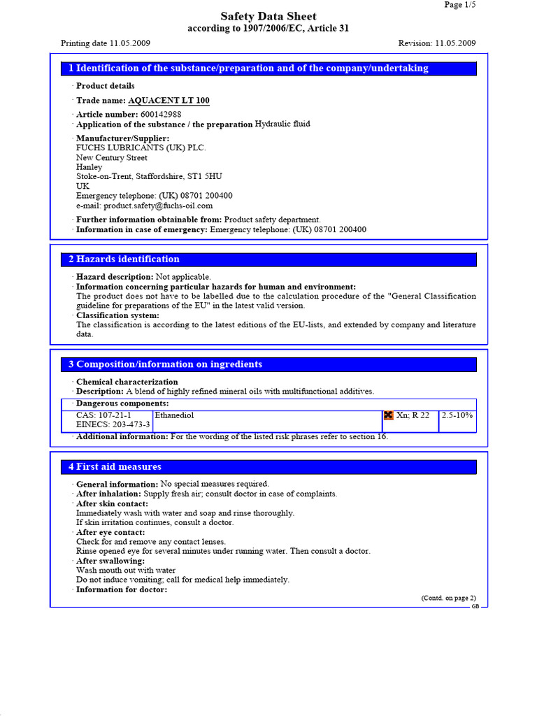 Fuchs Aquacent LT 100 - MSDS | PDF