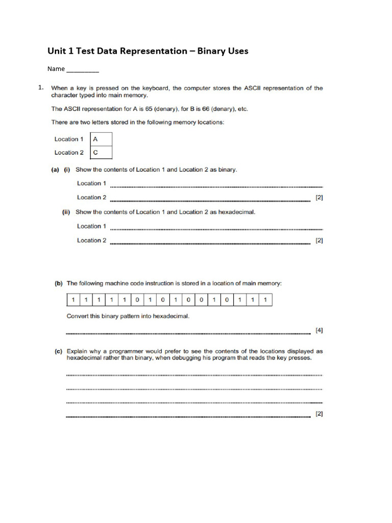 Unit 1 Test Data Representation_Binary Uses | PDF Unit 1 Test Data Representation_Binary Uses | PDF