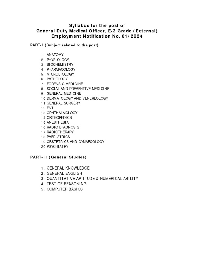 Syllabus For The Post of General Duty Medical Officer, E-3 Grade ...