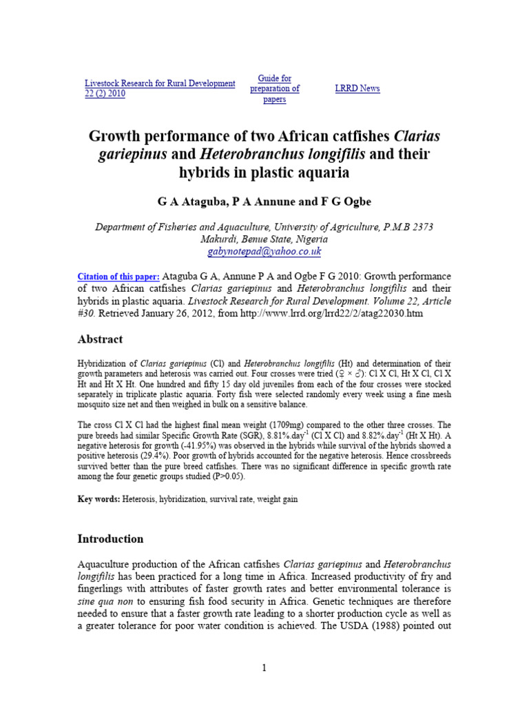 Growth of Heterobranchus Hybrids | PDF | Hybrid (Biology) | Genetics
