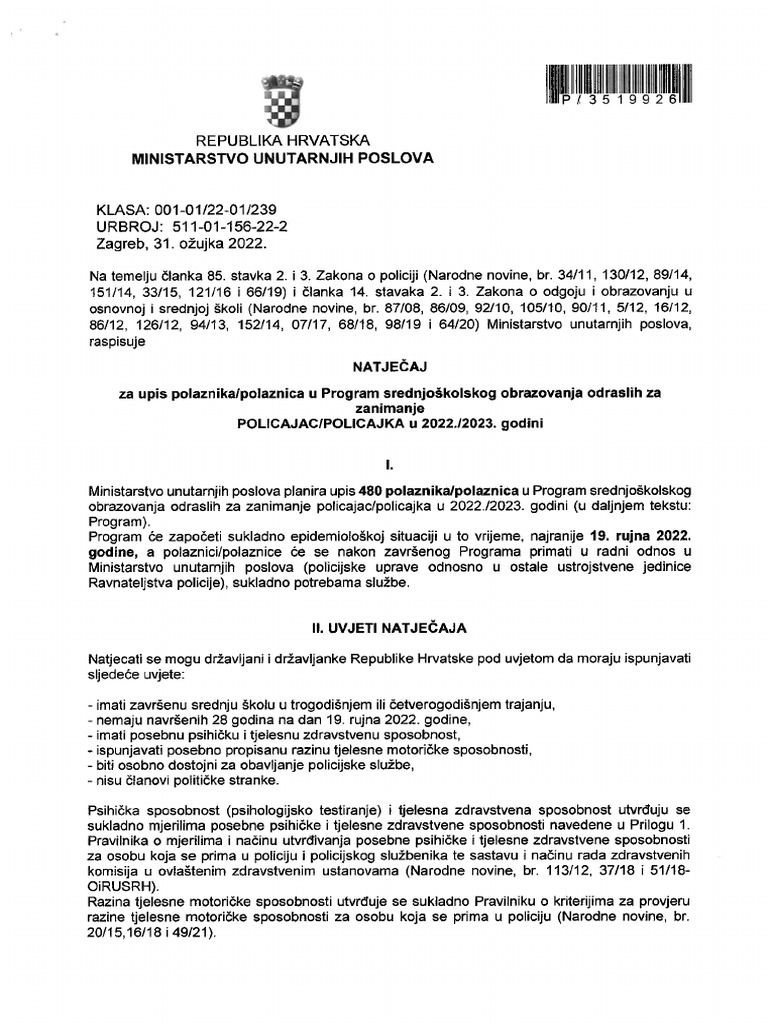 Natjecaj Za Upis Polaznika Policajac Policajka 2022 2023 | PDF