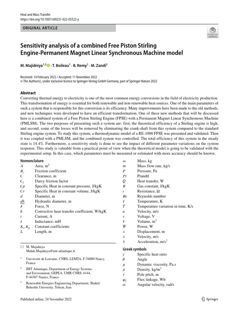 Sensitivity Analysis of A Combined Free Piston Stirling Engine Permanent Magnet Linear ...