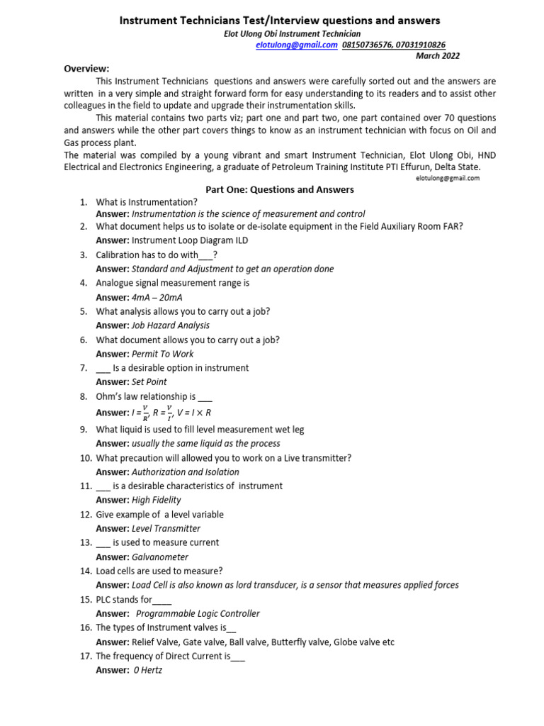 Instrument Technician Questions With Answers 2022 by Elot Ulong | PDF ...