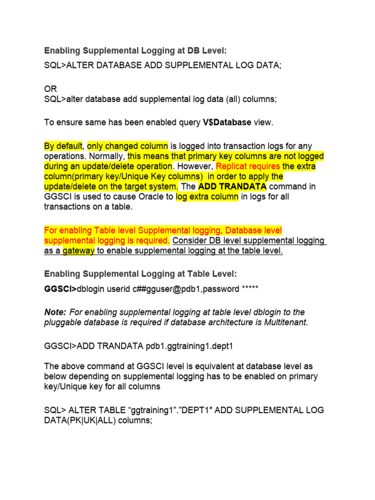 Enabling Supplemental Logging in OGG | PDF | Database Index | Databases