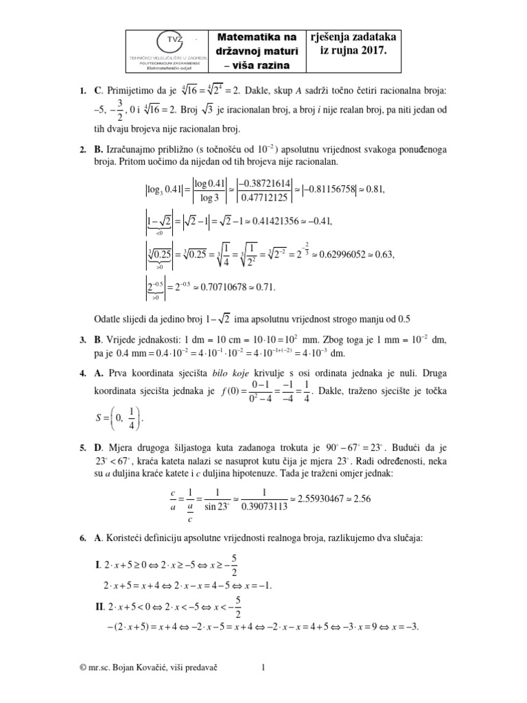 Rujan 2017 - Visa Razina - Rjesenja Zadataka | PDF