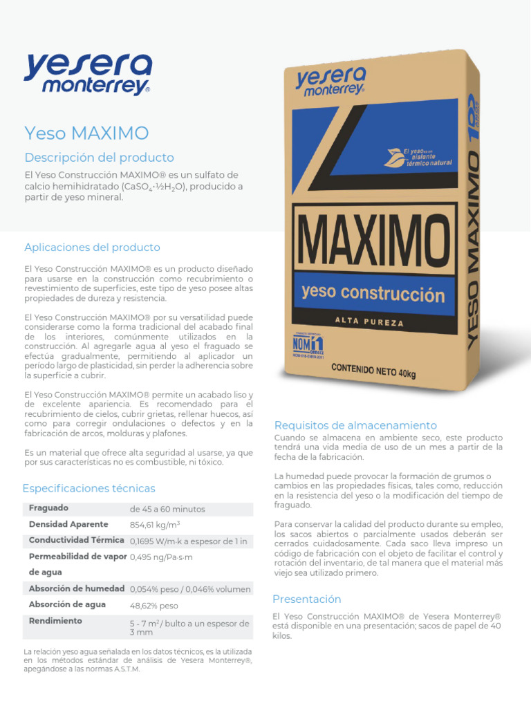 FT Yeso Maximo 40 KG | PDF | Yeso | Agua