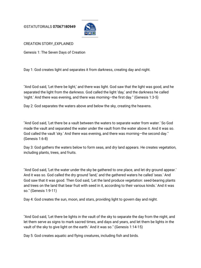 Creation Story - Sta | PDF | Genesis Creation Narrative | Adam