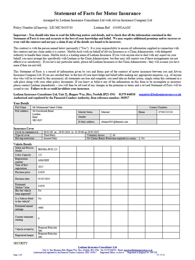 Insurance Statement of Facts | PDF | Insurance