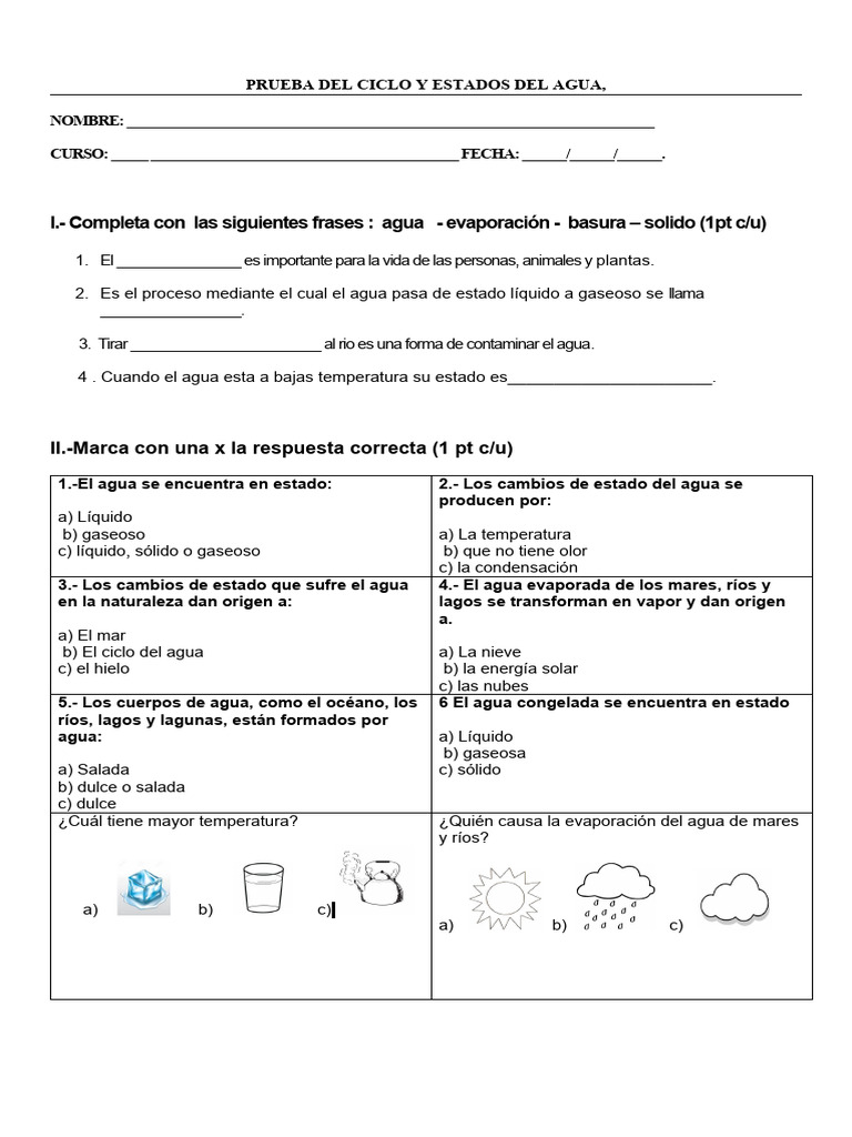 Prueba Del Ciclo y Estados Del Agua | PDF | Agua | Evaporación