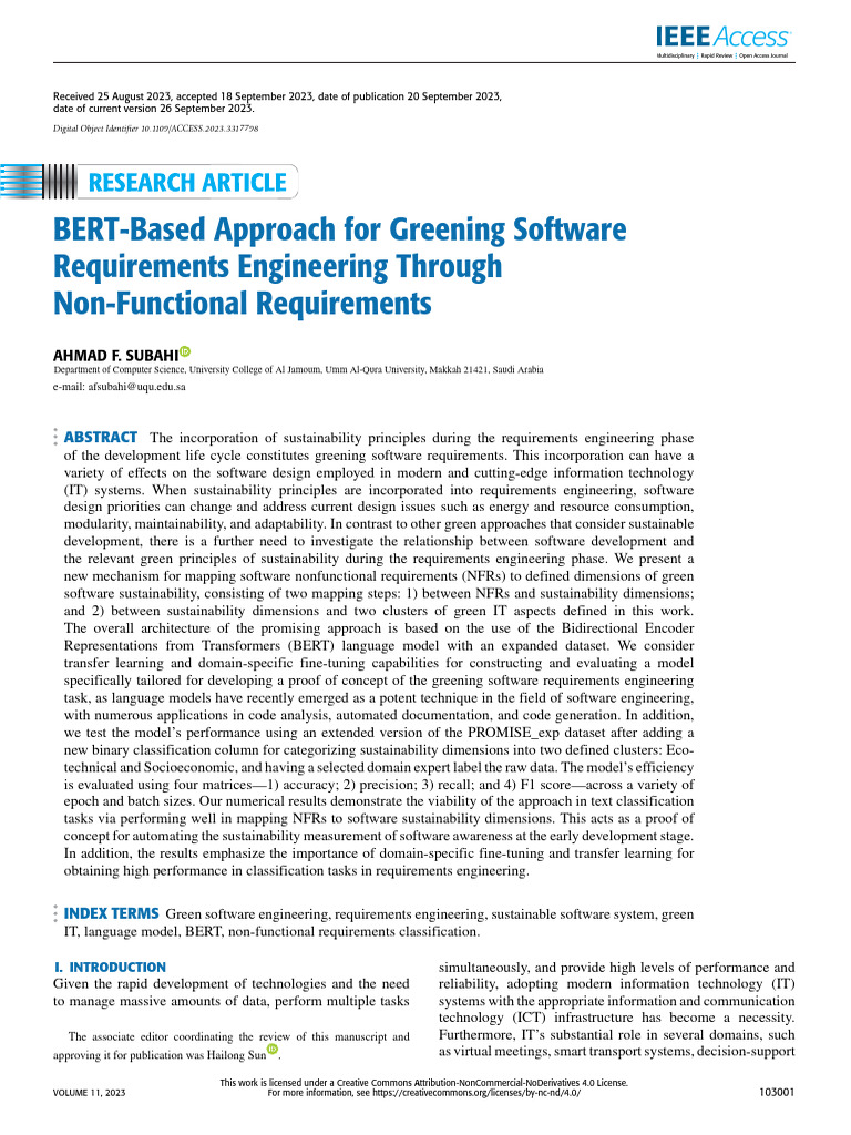 BERT-Based Approach For Greening Software Requirements Engineering Through Non-Functional ...