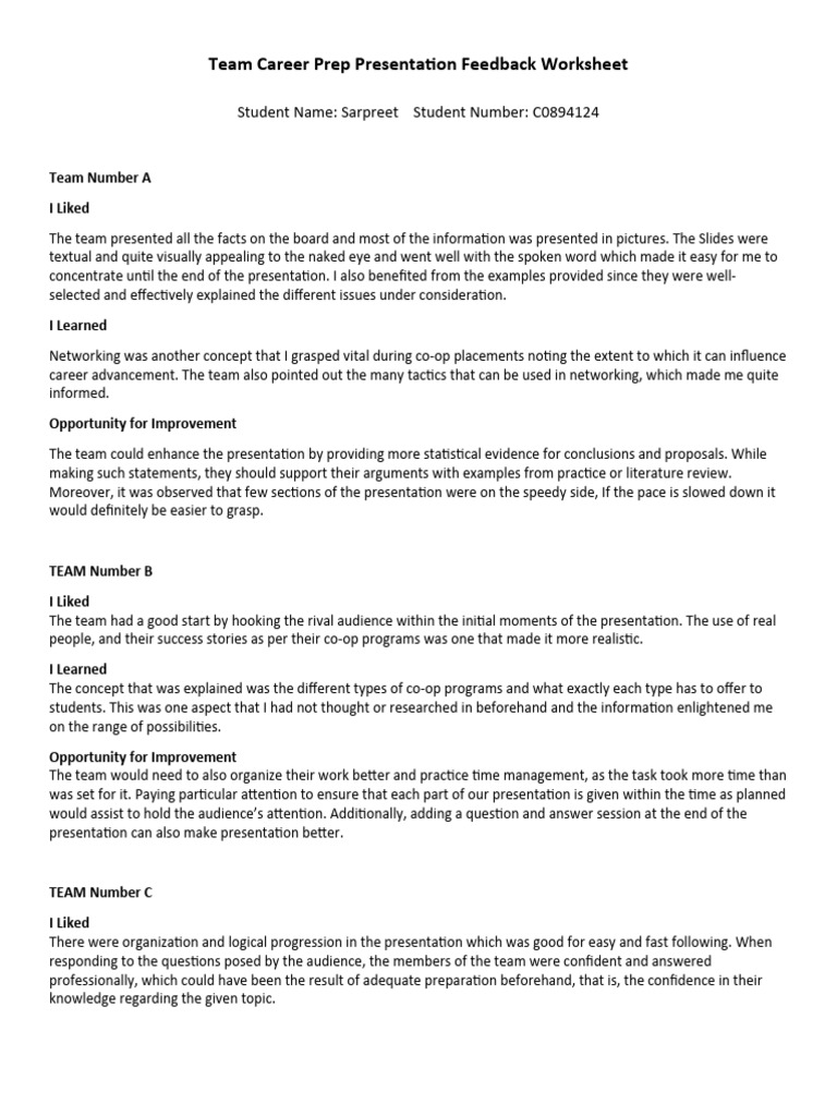 CPS-2001 Team Career Prep Presentation Feedback Worksheet | PDF | Learning | Cognitive Science