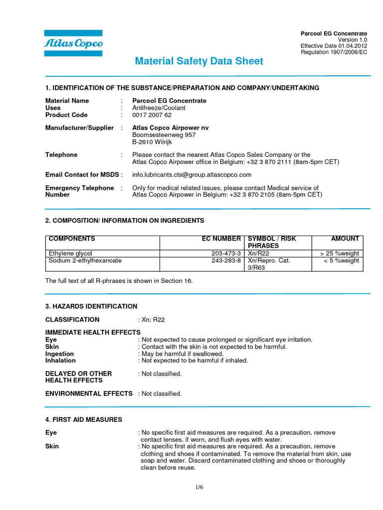 Material Safety Data Sheet - Atlas Copco | PDF | Personal Protective Equipment | Toxicity