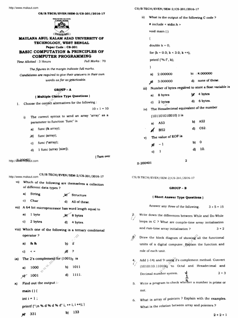 Btech Cs 201 Basic Computation and Principles of Computer Programming 2017 | PDF