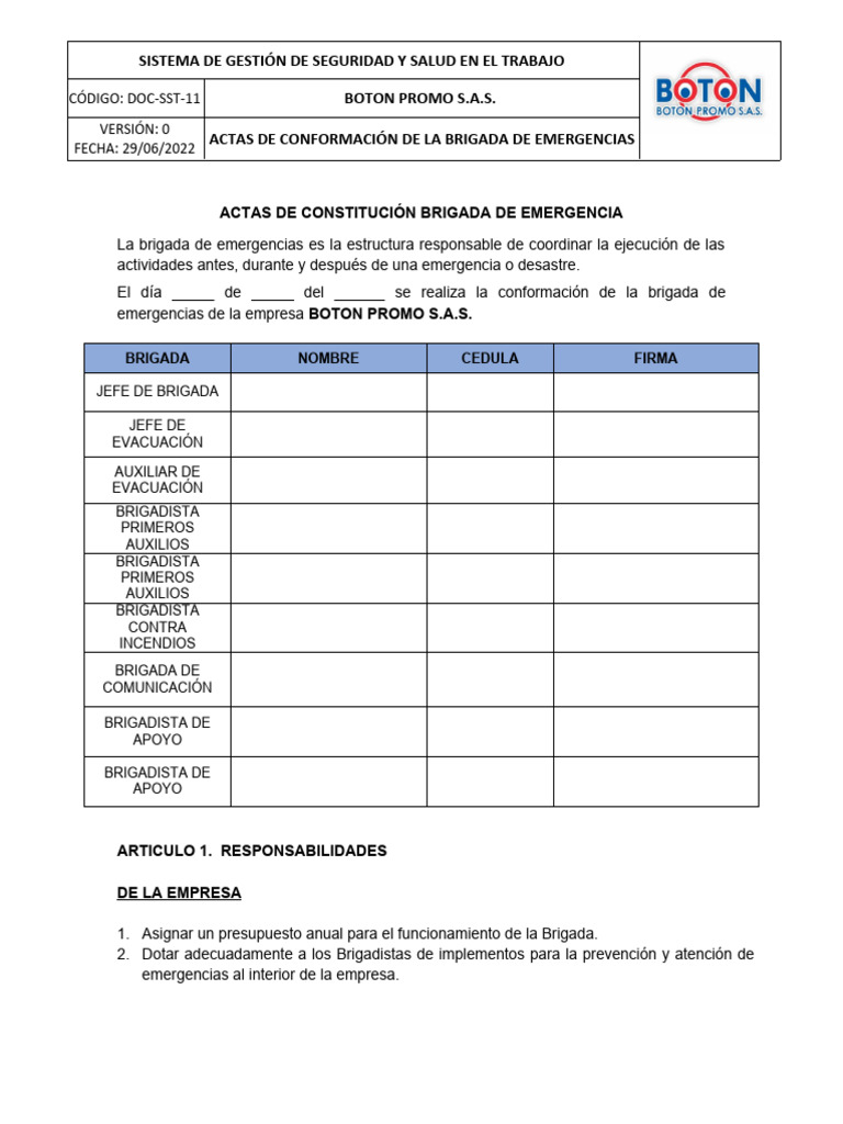 Doc-Sst-11 Acta de Conformación de La Brigada de Emergencias | PDF | Business