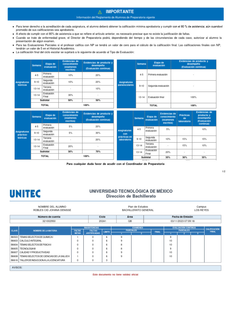 Boleta de Calificaciones Preparatoria 2024 | PDF | Evaluación