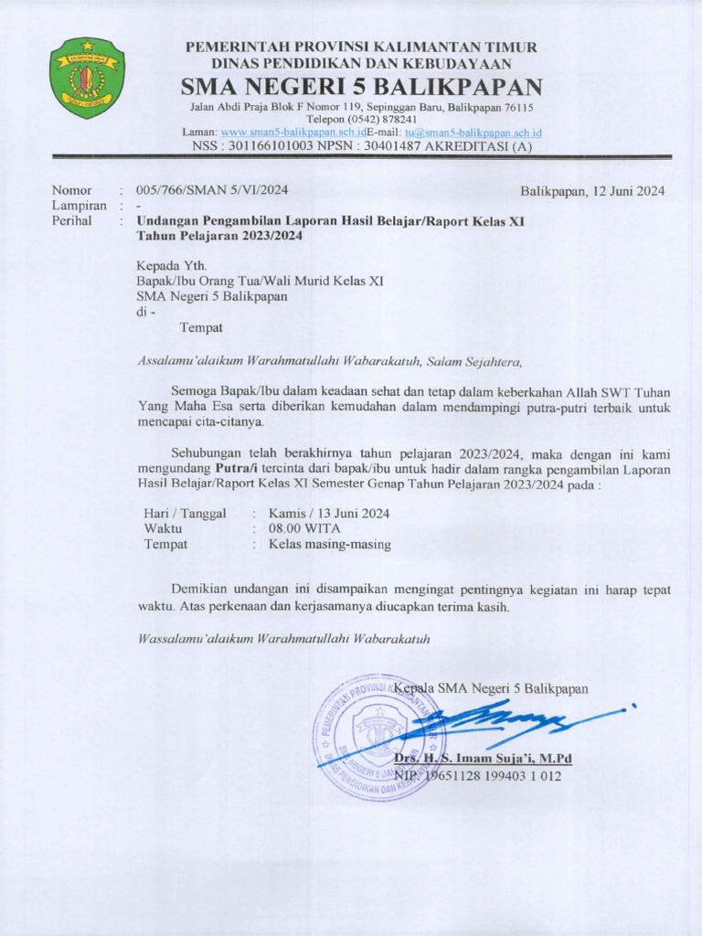 Undangan Pengambilan Laporan Hasil Belajar-Raport Kelas XI Semester Genap Tahun Pelajaran 2023 ...