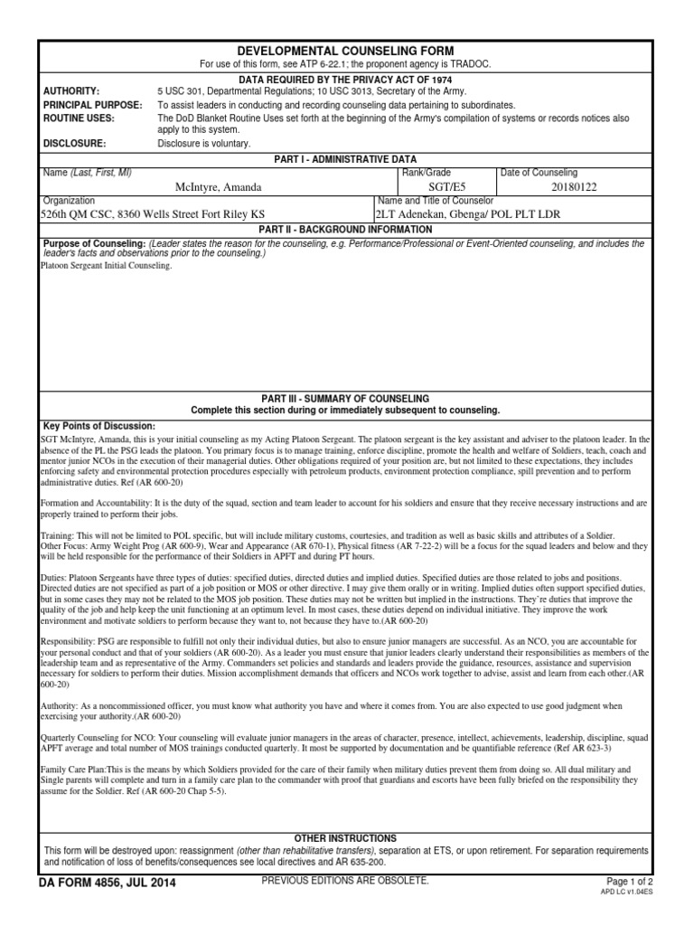 Initial Counseling for Platoon Sergeant | PDF | Non Commissioned ...