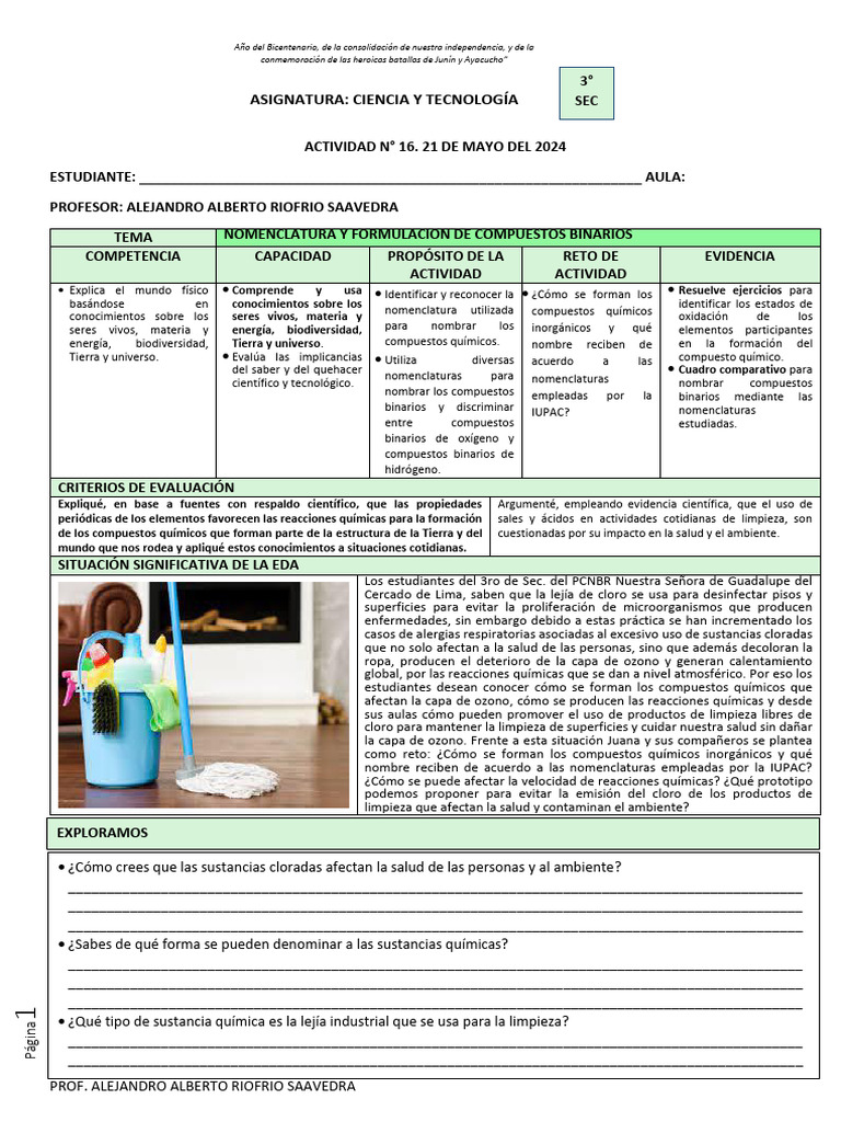 3°sec - UNIDAD 3 - ACTIVIDAD 1 (CyT Explica 2024) - Nomenclatura y Formulación de Compuestos ...