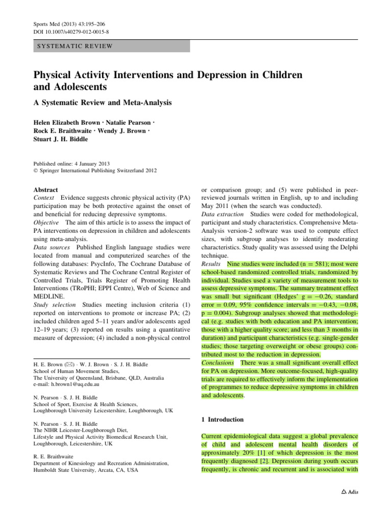2013 - Physical Activity Interventions and Depression in Children | PDF | Effect Size | Meta ...