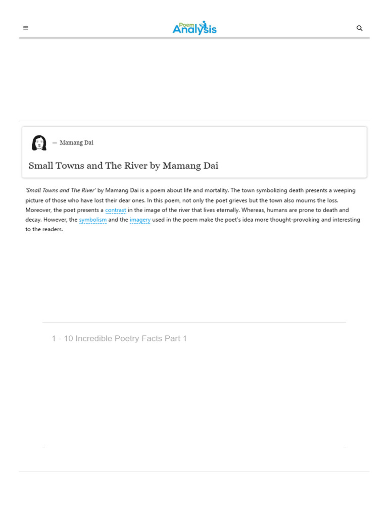 Small Towns and The River by Mamang Dai - Poem Analysis | PDF | Metre ...