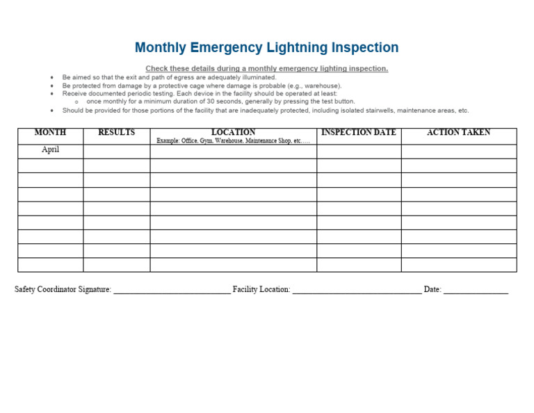 Monthly Emergency Lightning Inspection Form | PDF
