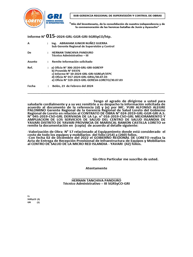 INFORME N°015-2024-GRL-GRI-SGSyC-htp-ISLANDIA DE YAVARI | PDF