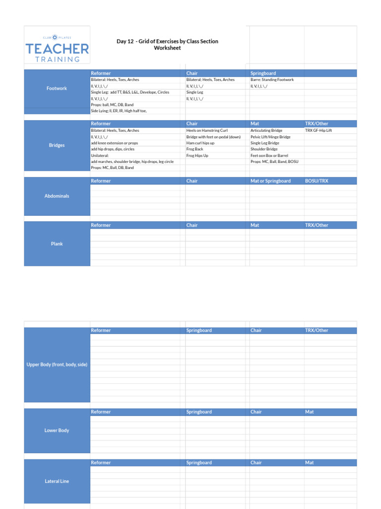 Grid of Exercises by Class Sections - Sheet1 | PDF | Lower Limb Anatomy ...