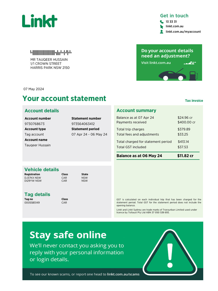 April 2024 Linkt Toll Statement | PDF | Annual Percentage Rate | Payments