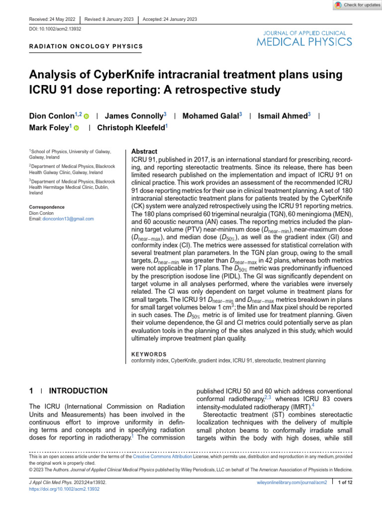 J Applied Clin Med Phys - 2023 - Conlon - Analysis of CyberKnife intracranial treatment plans ...