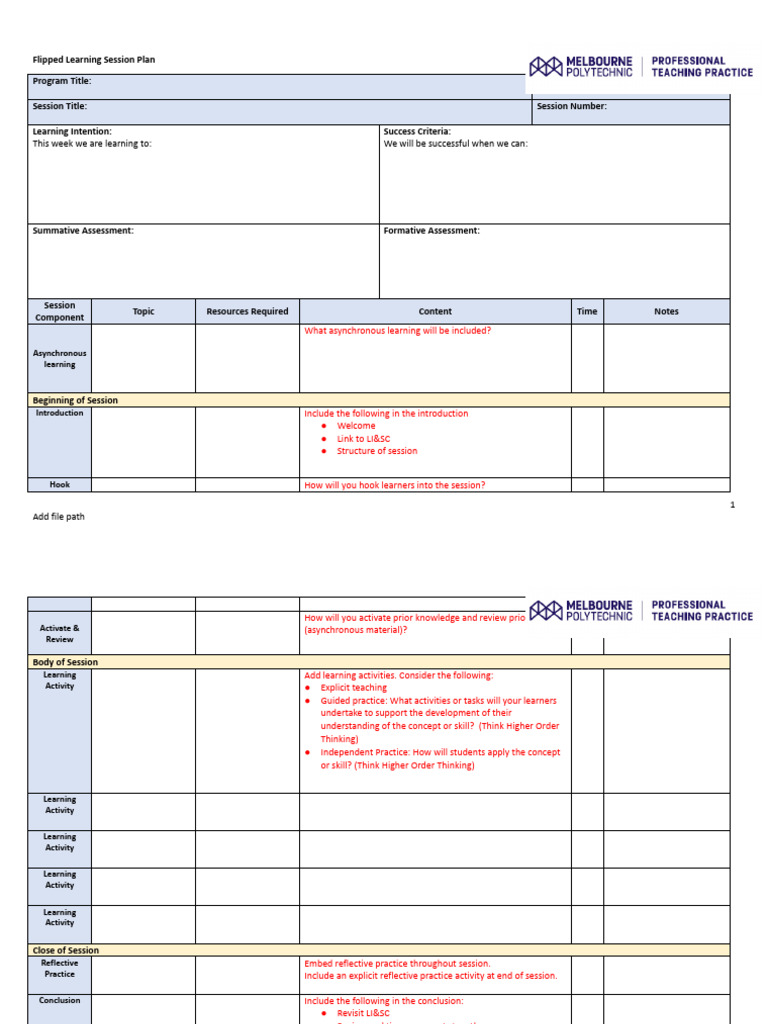 Flipped Learning Session Plan Template | PDF | Learning | Reflective ...