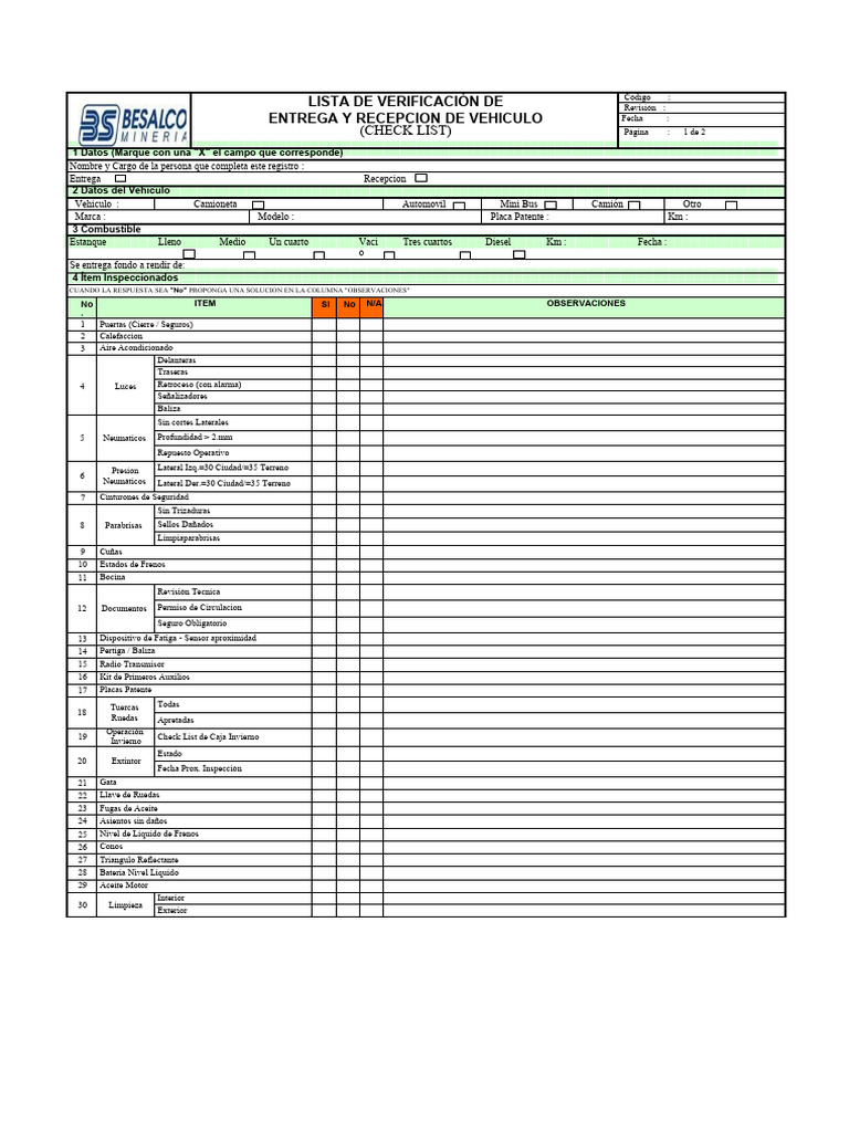 Chek List entrega y recepcion Vehiculo Rev 04 (1) (2) | Descargar ...