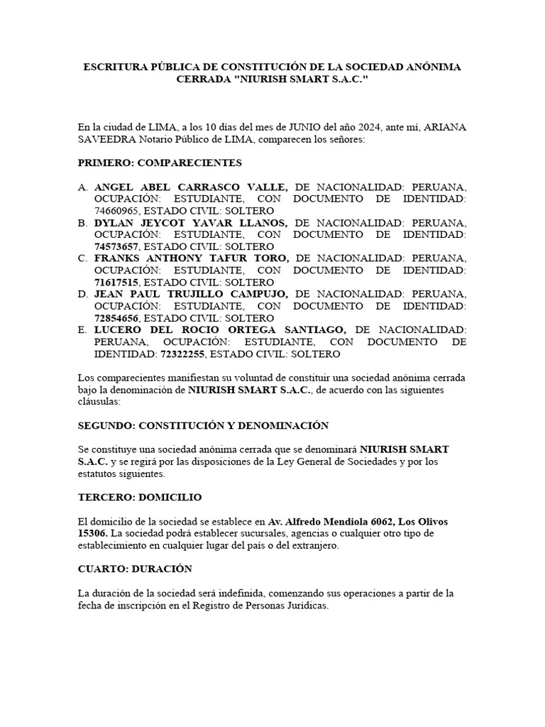 Escritura Pública de Constitución de La Sociedad Anónima Cerrada | PDF | Derecho
