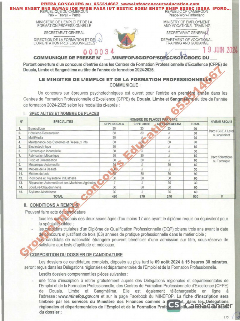 Concours Cfpe 2024 Minefop | PDF