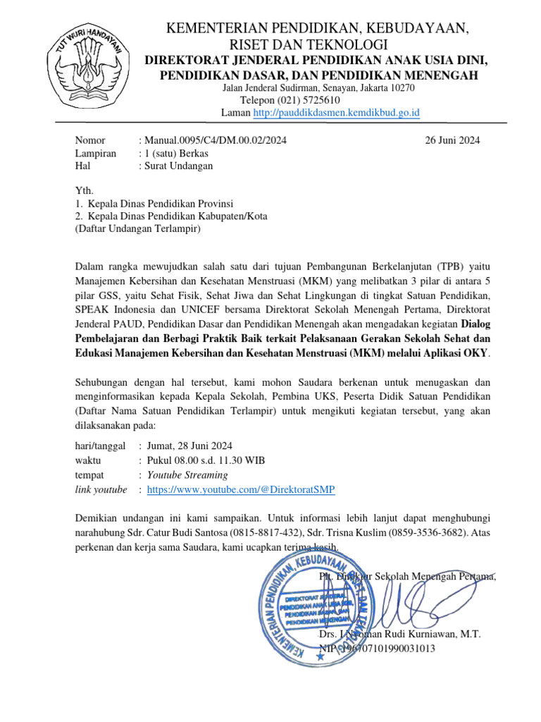 Manual.0095 Satuan Pendidikan - Surat Undangan Dialog MKM (28 Juni 2024) | PDF