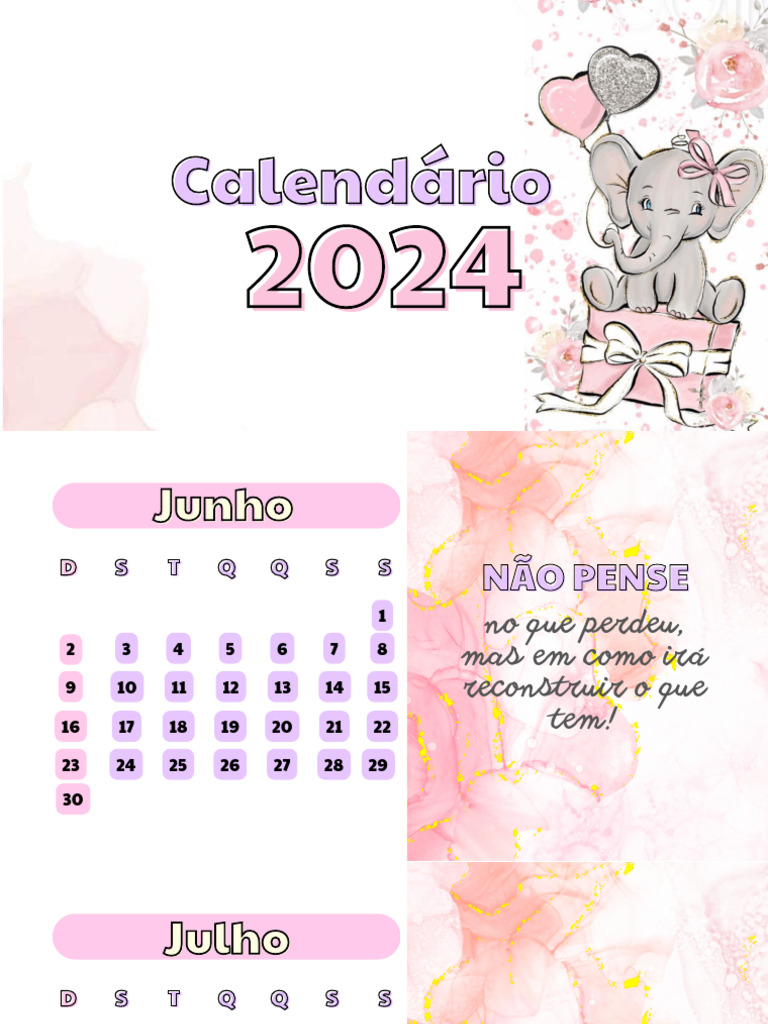 Calendário 2024 para Imprimir Colorido Lilas Rosa Amarelo Pastel | PDF