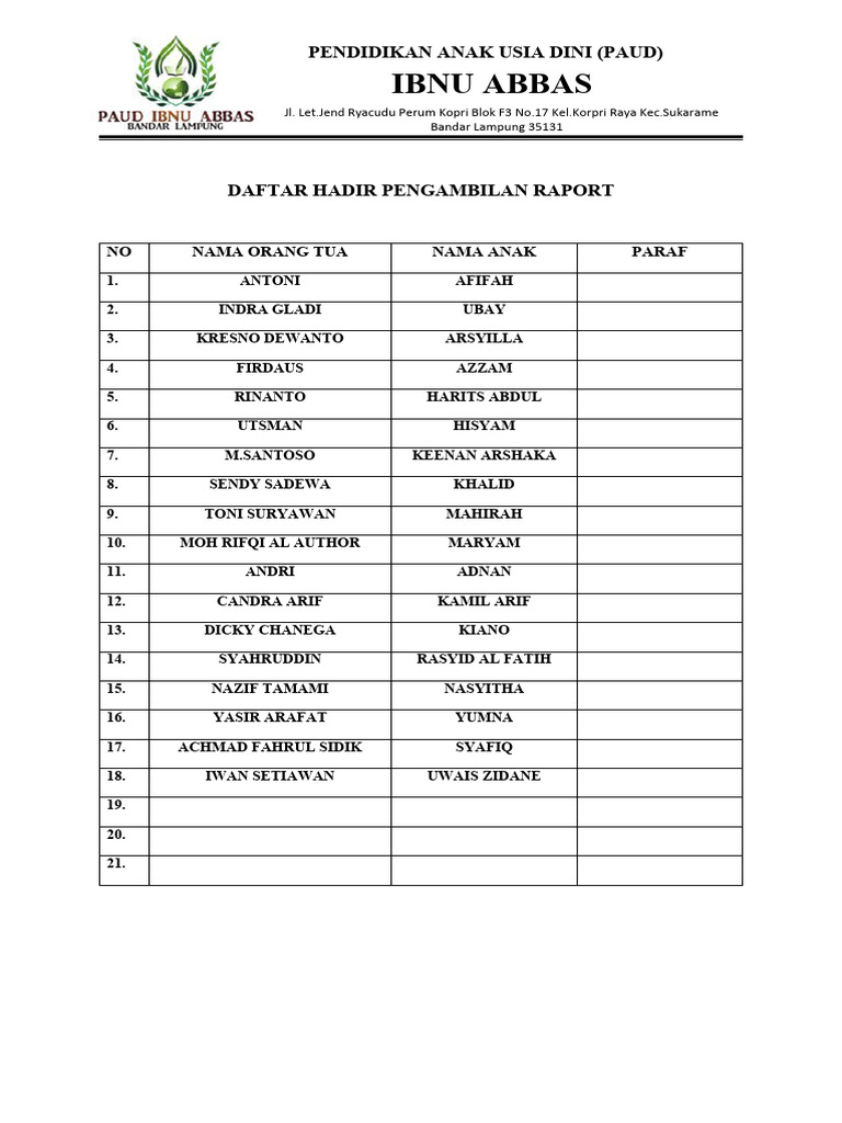 Daftar Hadir Pengambilan Raport | PDF