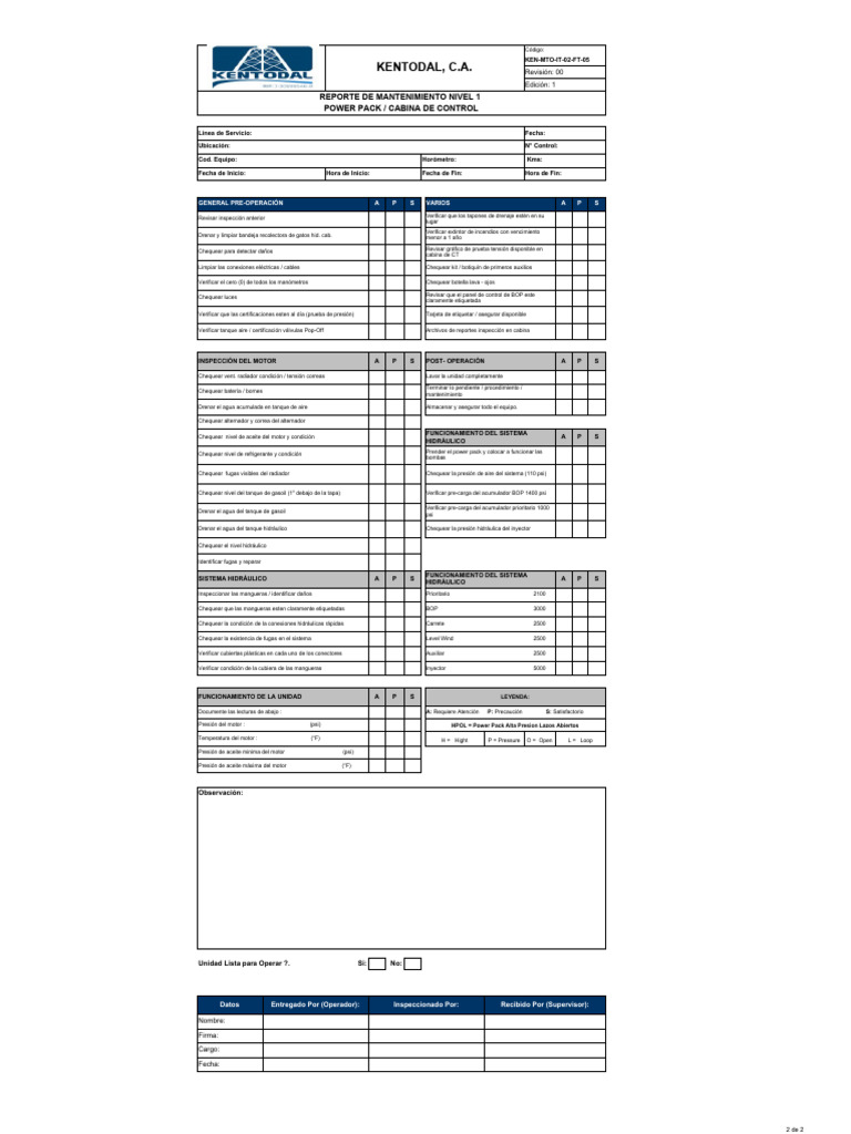 Ken-Mt-It-02-Ft-05 Reporte Mtto Nivel 1 (Power P-Cabina de Control) Rev 00 | PDF
