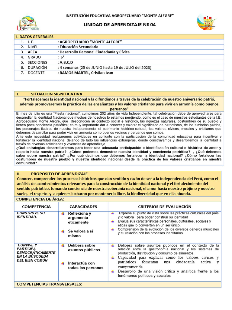 UNIDAD de aprendizaje n° 04 del 5° sec I. E. M. A. CORREGIDO | Descargar gratis PDF | Evaluación ...