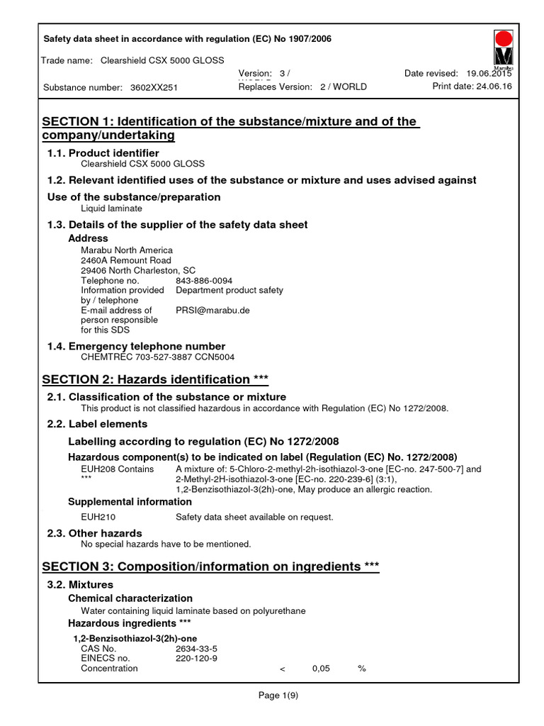 Clearshield CSX 5000 Gloss SDS | PDF | Toxicity | Dangerous Goods