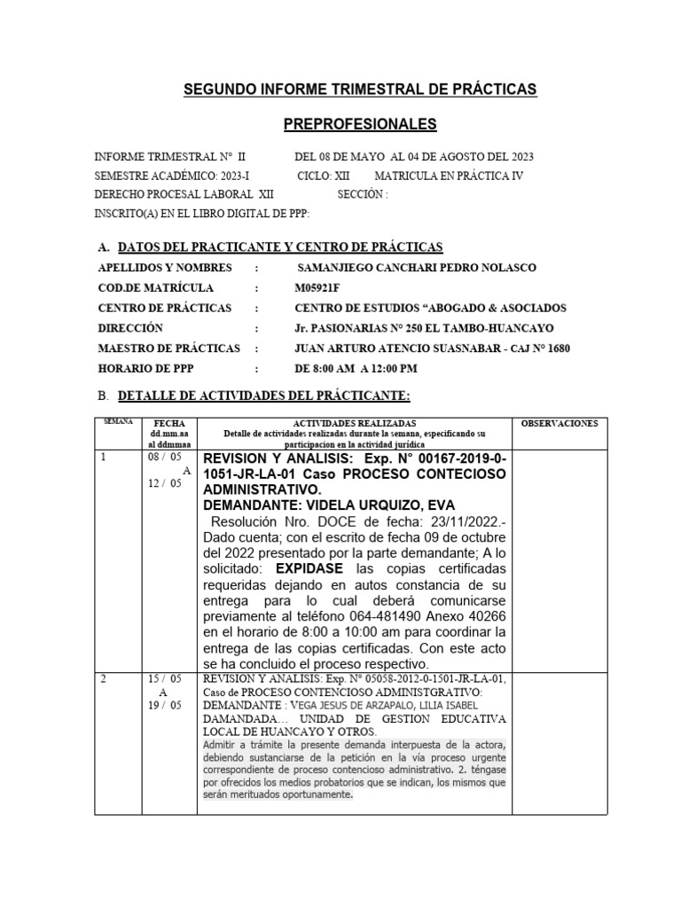 Segundo Informe Trimestral de Prácticas Preprofesionales | PDF | Sentencia (ley) | Demanda judicial