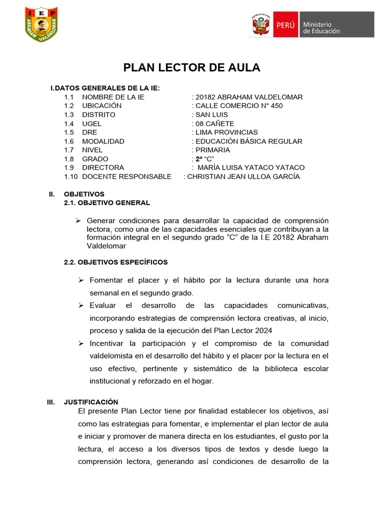 Plan Lector de Aula 2 C 2024 | PDF | Educación primaria | Comprensión ...