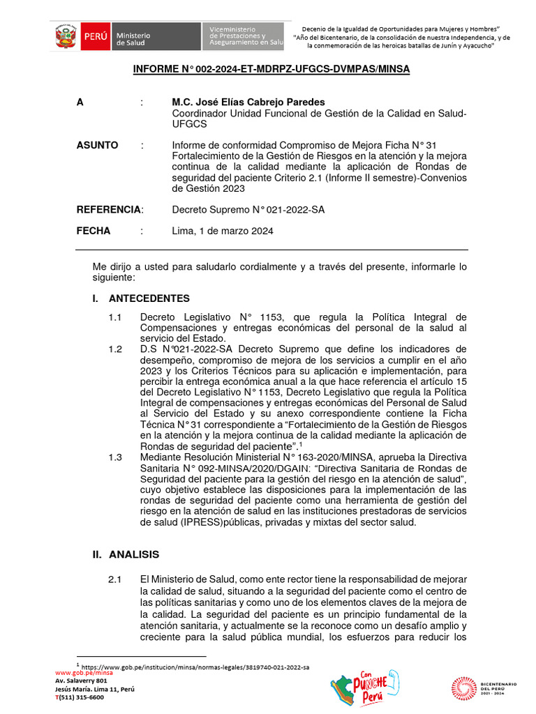 Infome N 002 MRPZ Conformidad Informe II Semestre 2023 Ficha N 31 Criterio 2 1 | Descargar ...